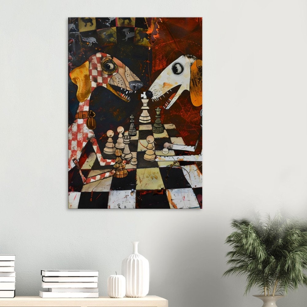Strategic Paws: Abstract Dogs Playing Chess,canvas Modern Animal Art ...