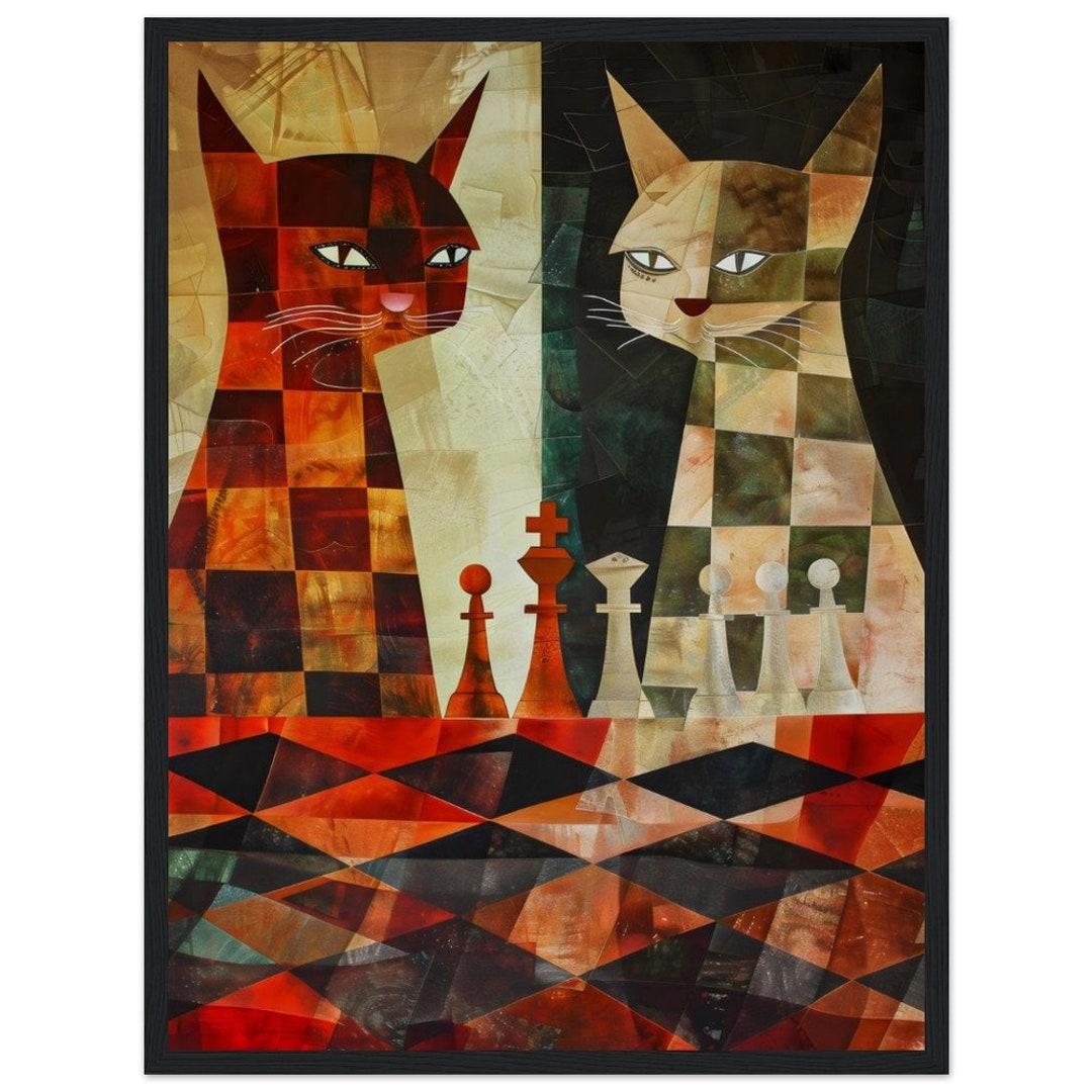 Cats Playing Chess , Abstract Art Premium Matte Paper Wooden Framed ...