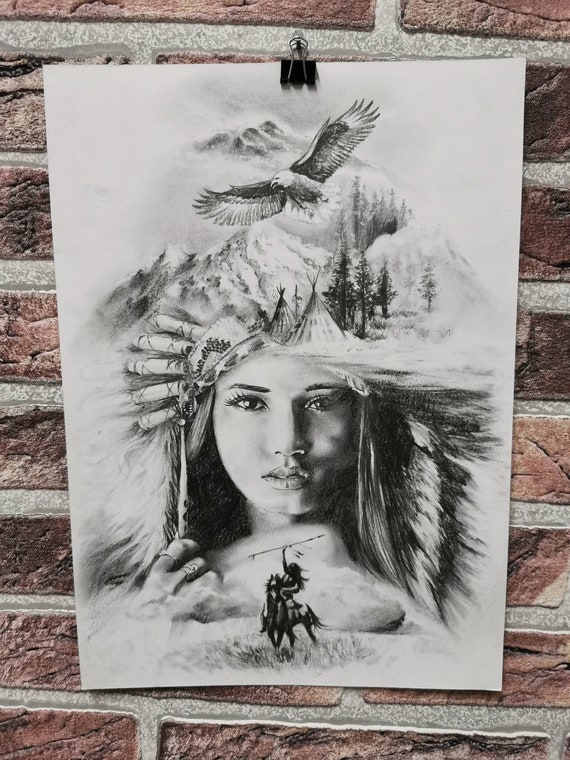 Handmade Pencil Drawing Native American Indian Girl Eagle Etsy