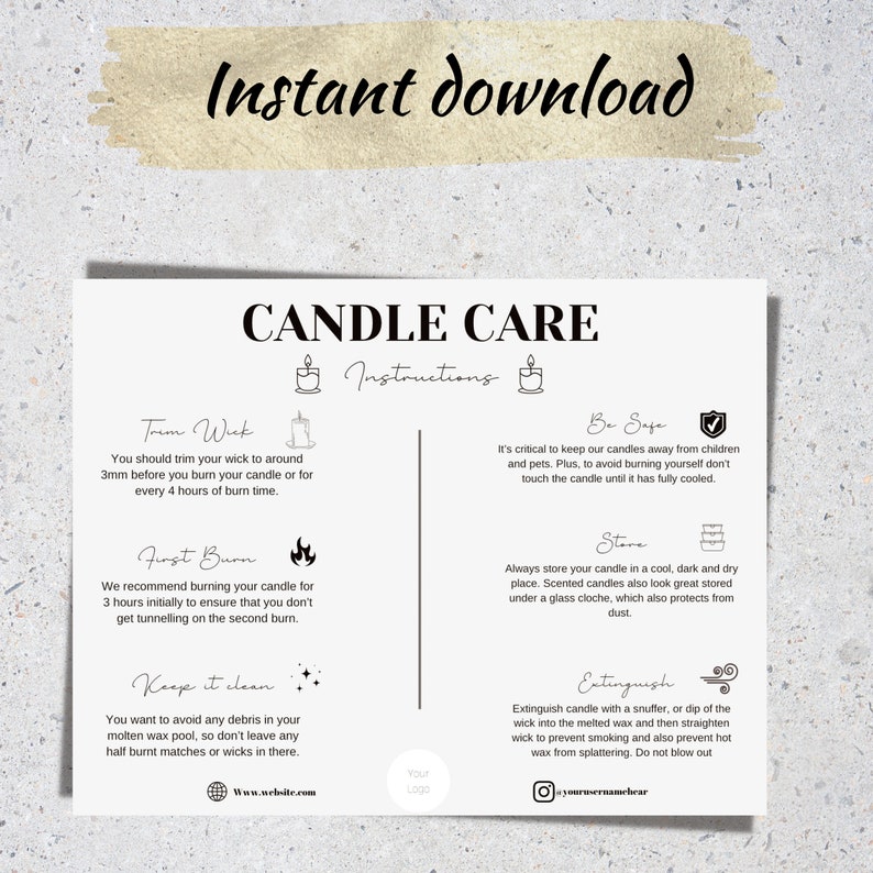 Candle Care Card Editable, Printable Safety Instructions, Candle Care ...