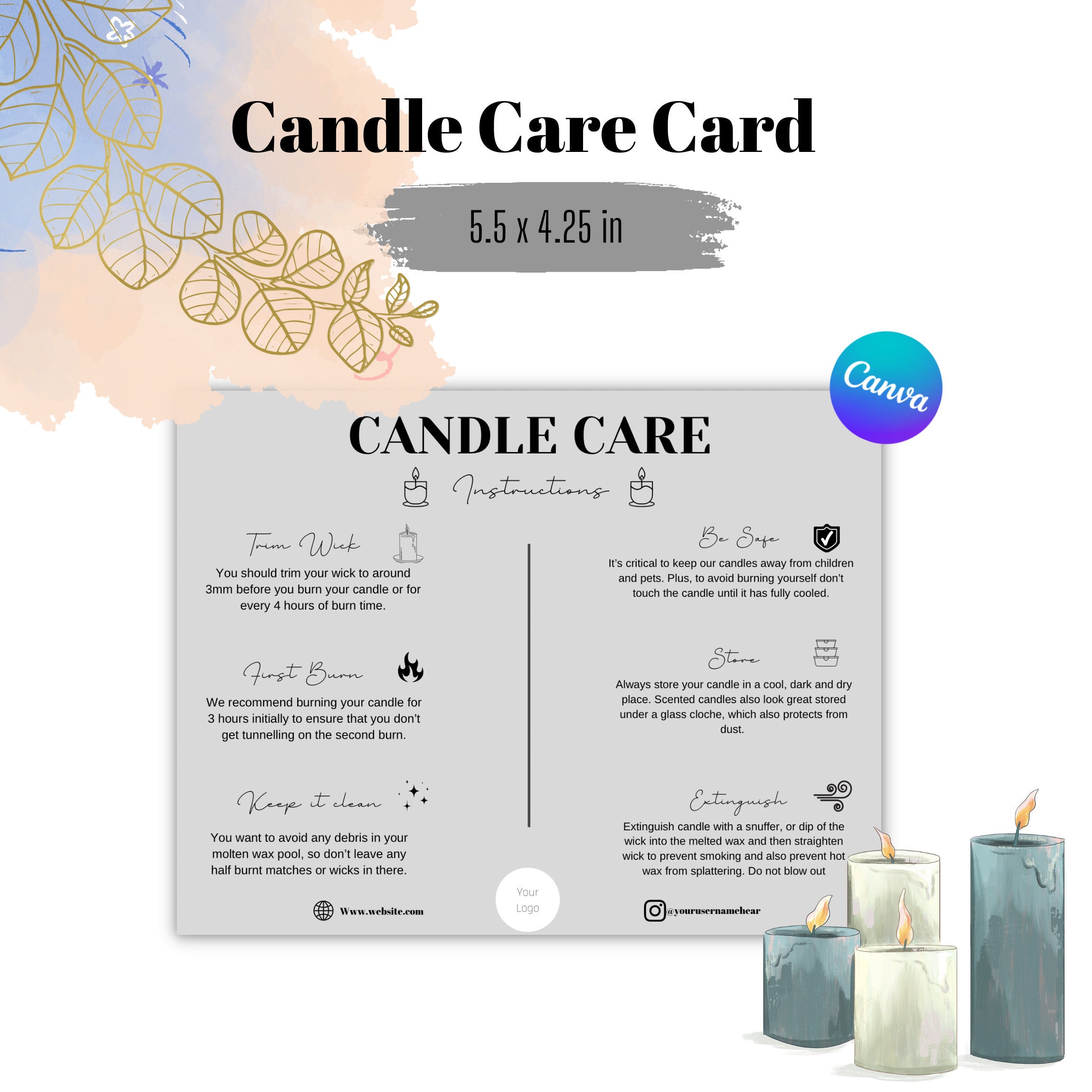 Candle Care Card Editable, Printable Safety Instructions, Candle Care ...