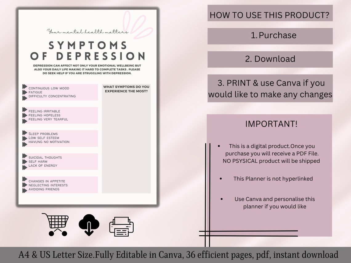 Printable Depression Planner, Depression Journal, Therapy Worksheet ...