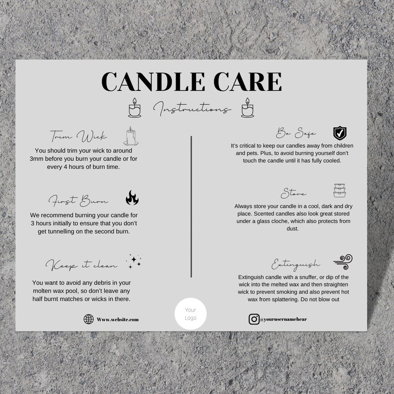 Candle Care Card Editable, Printable Safety Instructions, Candle Care ...