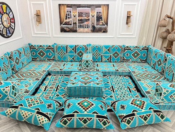 Authentic Turquoise U Shaped Arabic Sofa Living Room Floor Seating Set floor Couch Arabic Majlis Turkish Floor Sofa Set Ottoman Couch Rug Etsy UK