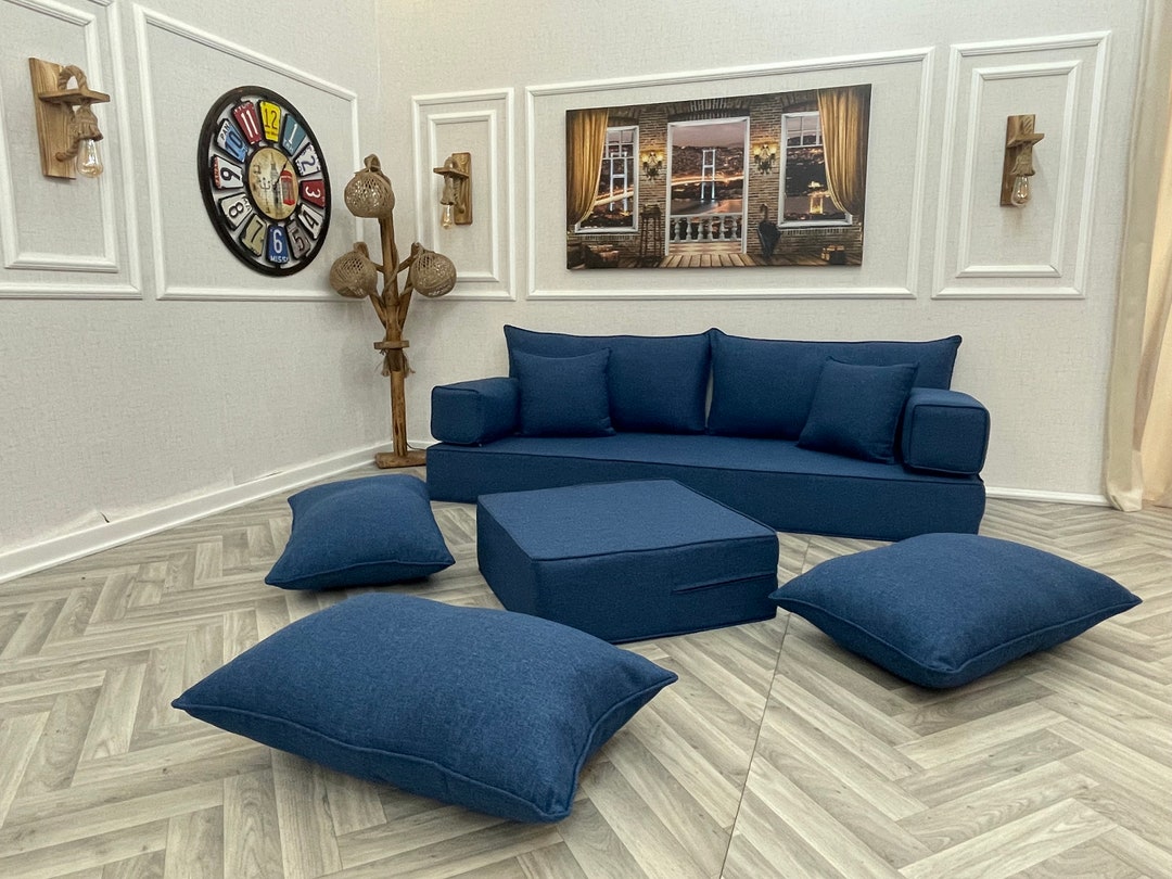 Blue Linen Floor Seating Sofa: Bohemian Living Room Couch Set - Etsy