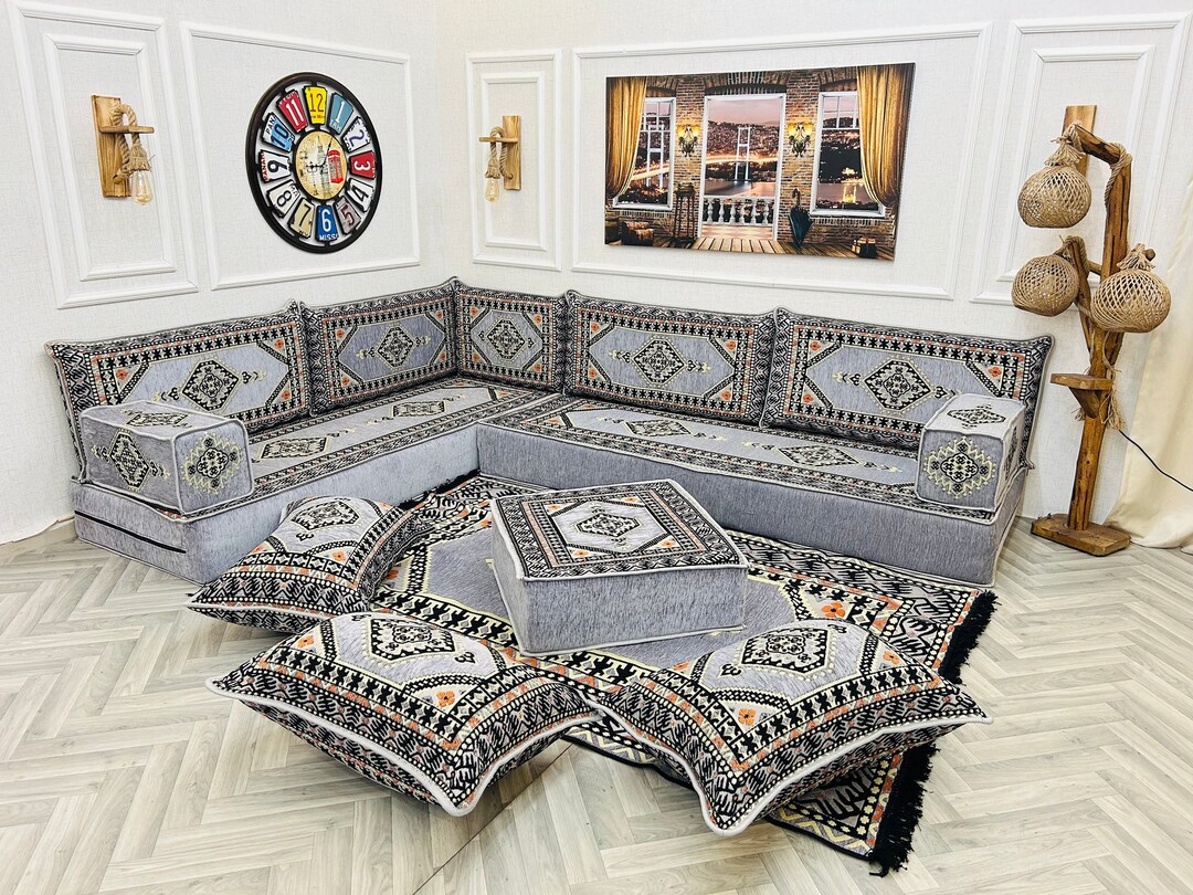 L-shaped Arabic Majlis Sofa Set: Floor Seating, Ottoman, Rug - 8 Inch ...
