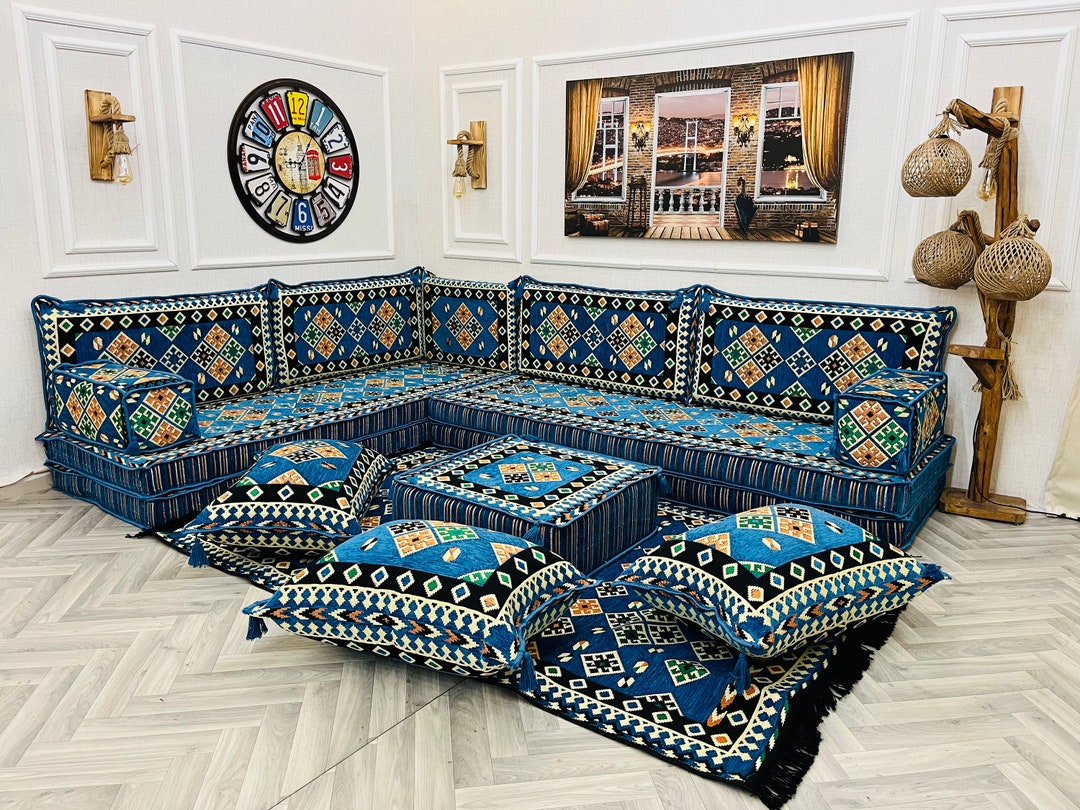 8 Inch L Shaped Arabic Sofa Navy, Living Room Floor Seating Set, Arabic ...