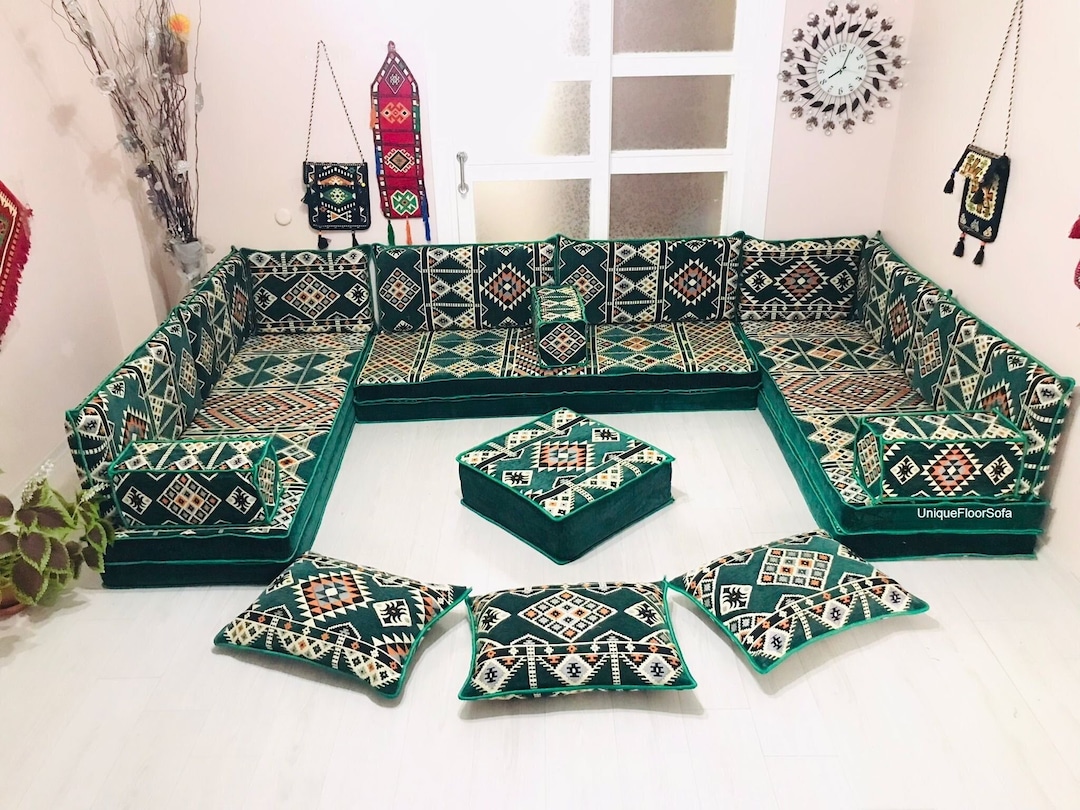 8'' Thickness U Shaped Arabic Sofa Set, With Floor Pillows, Ottoman ...