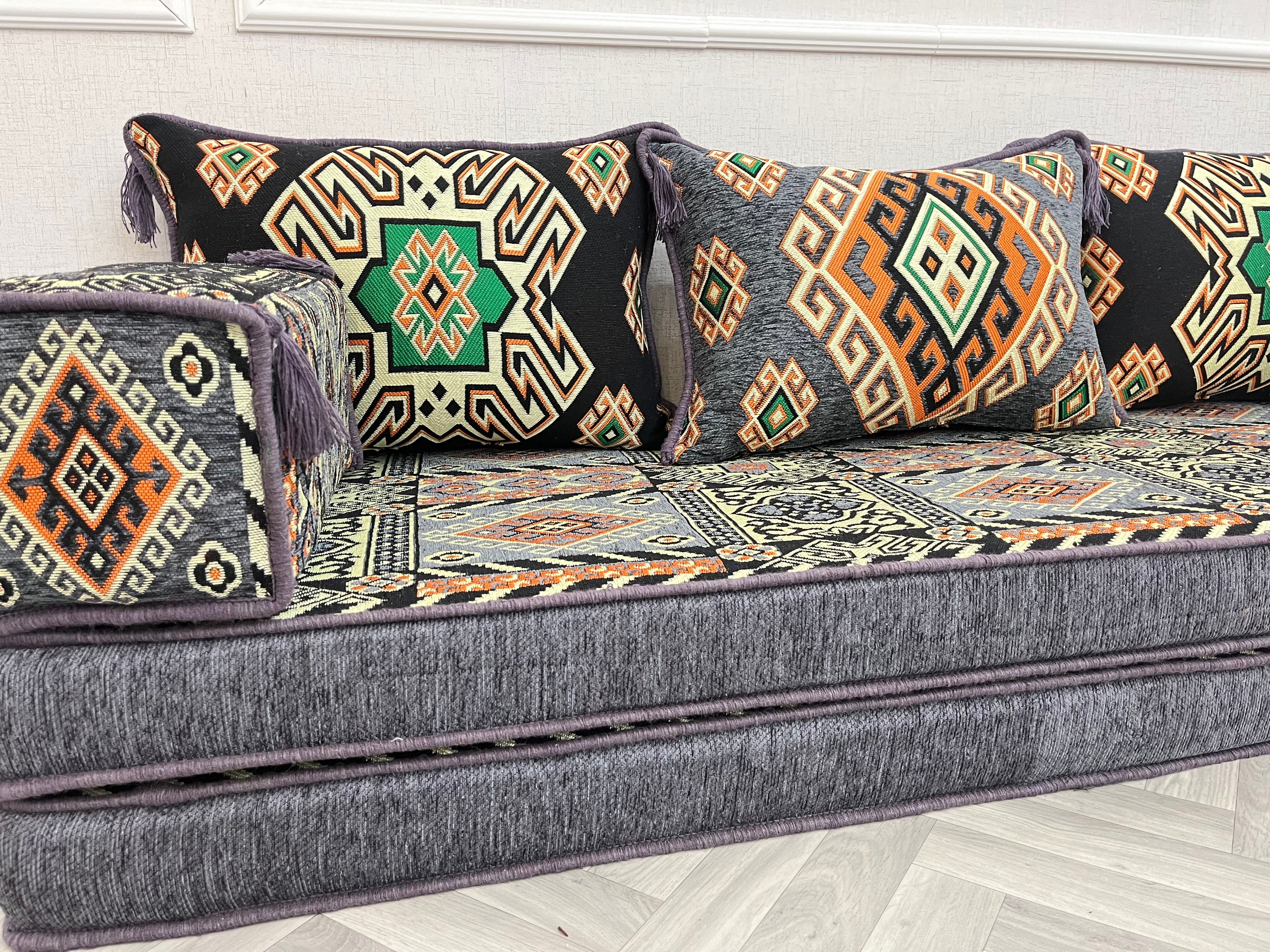 Gray Arabic Floor Sofa Set: Boho Ethnic Couch With Throw Pillows - 8 ...