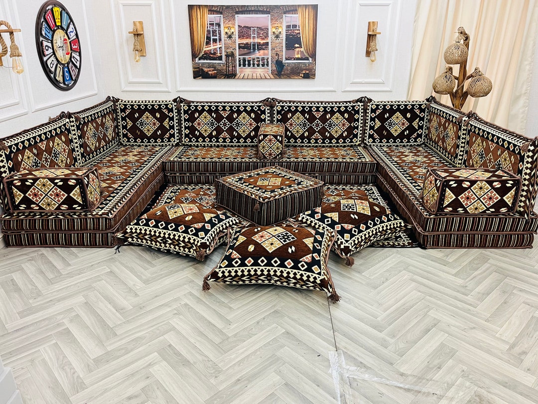 U Shaped Arabic Majlis Modular Floor Seating Set: 22 Piece Living Room ...