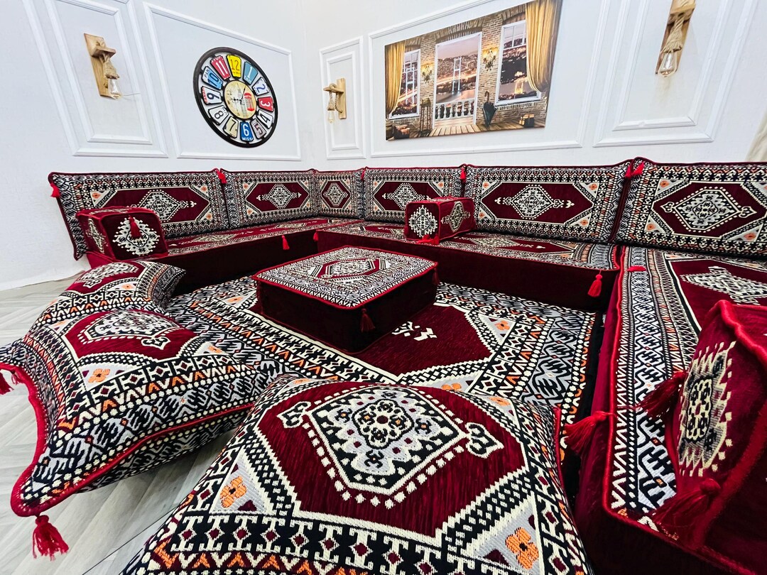 Maroon Color Moroccan Floor Sofa Set: U Shaped Arabic Couch With Floor ...