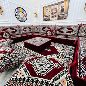 Maroon Color Moroccan Floor Sofa Set: U Shaped Arabic Couch With Floor ...