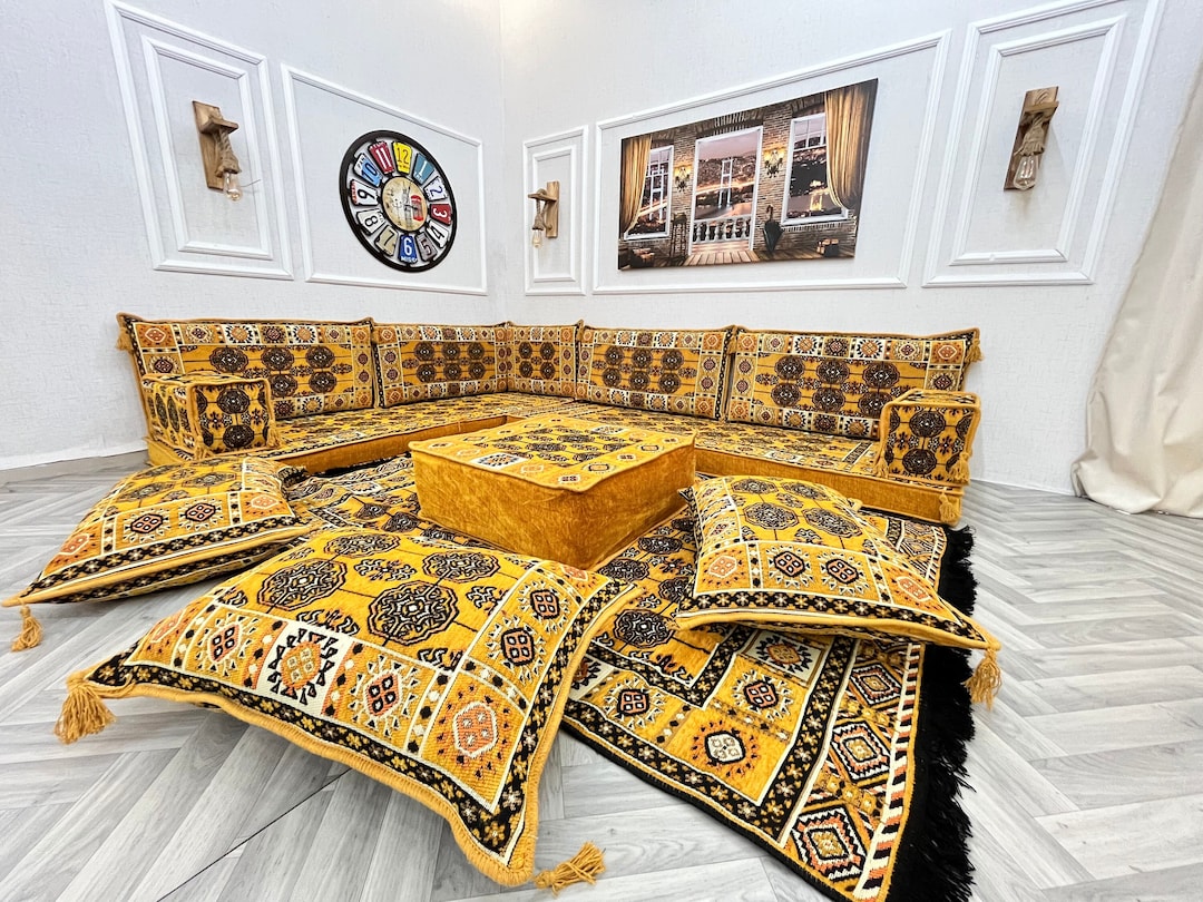 Living Room Home Decor Yellow Afghan Floor Sofa Seating Set, Arabic ...
