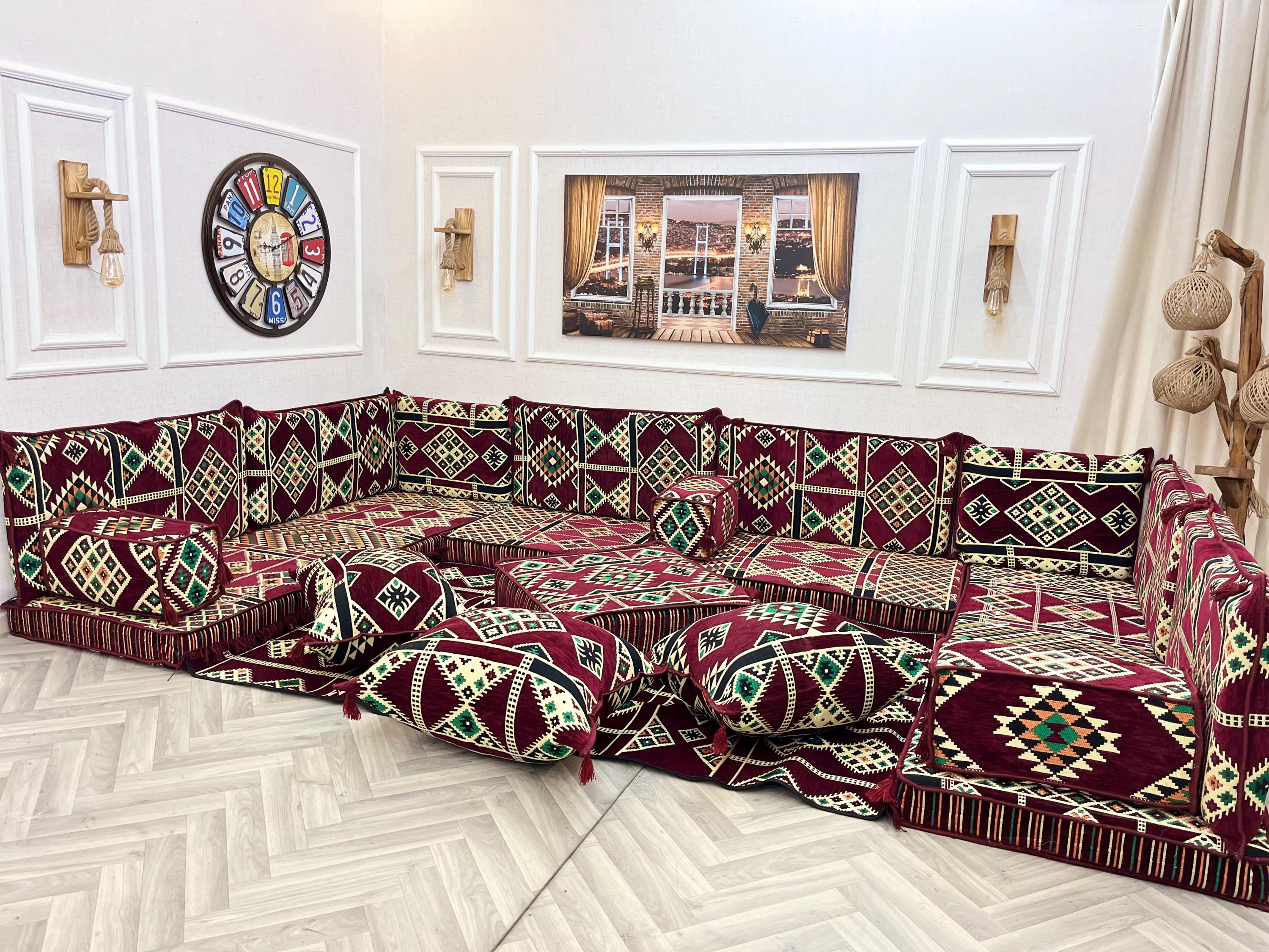 Maroon Arabic Majlis Floor Seating Set: Moroccan Sofa Cushions, Kilim ...