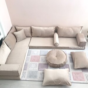 Custom L Shaped Beige Color Luxury Soft Velvet Floor Seating Cushion ...