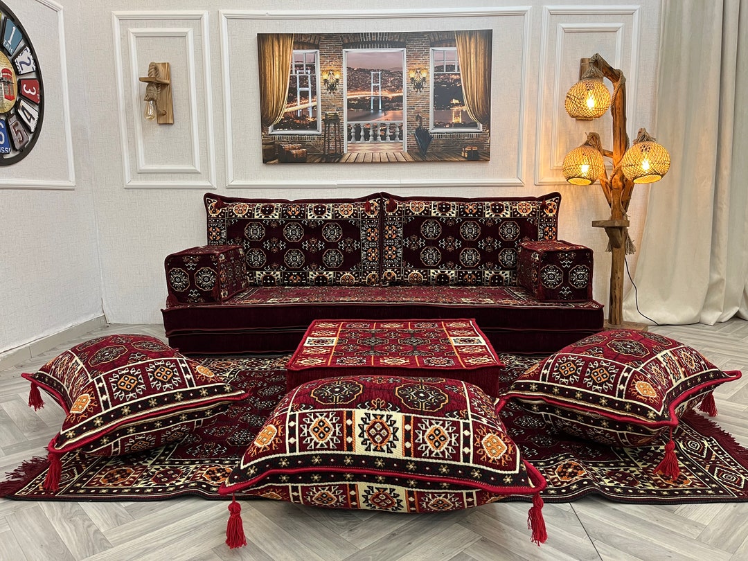 8 Inch Thick Maroon Arabic Majlis Sofa Set: Floor Seating, Ottoman ...