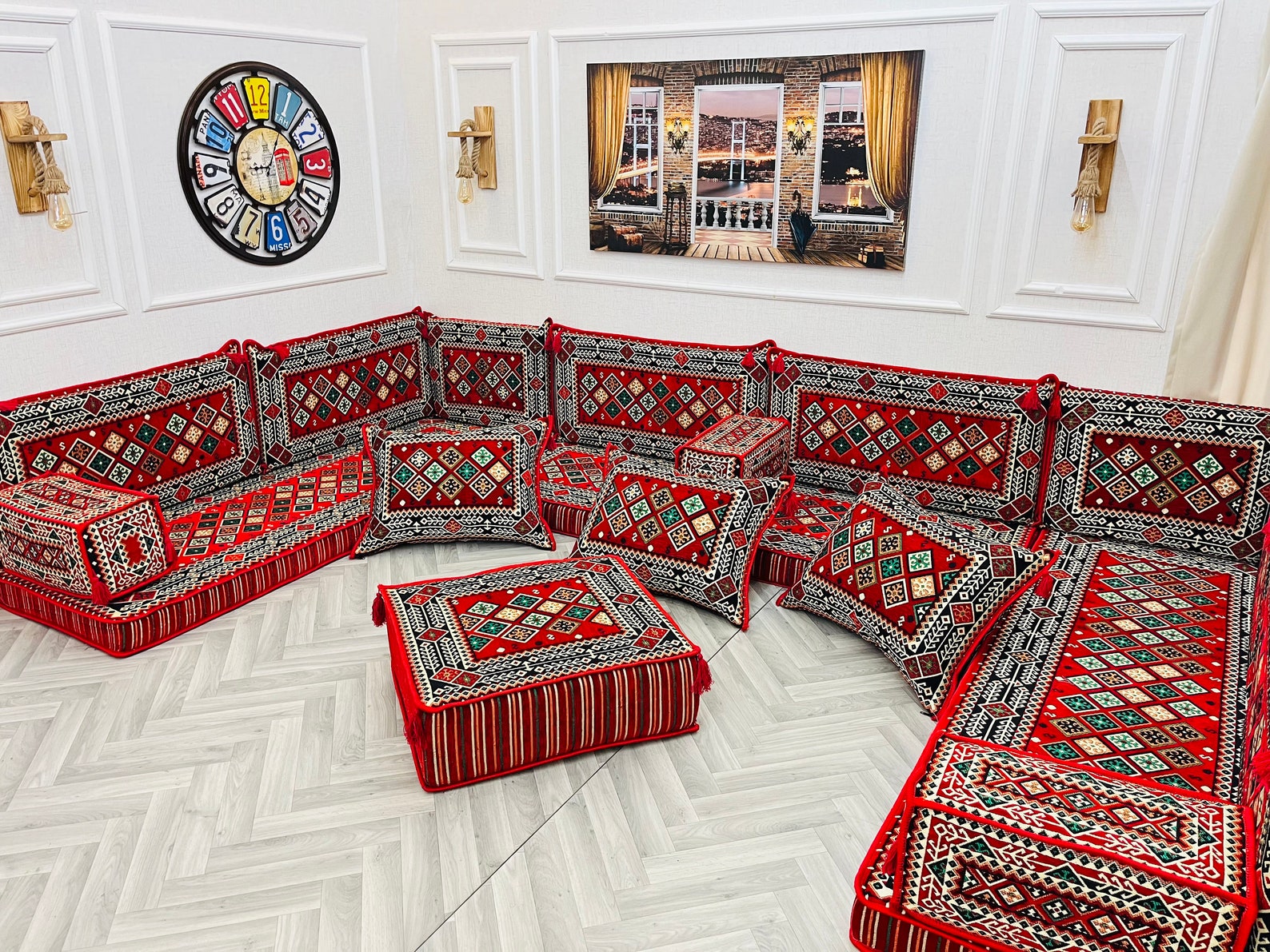 Red Arabic Majlis Modular Floor Sofa Set: Boho Living Room Seating, U ...
