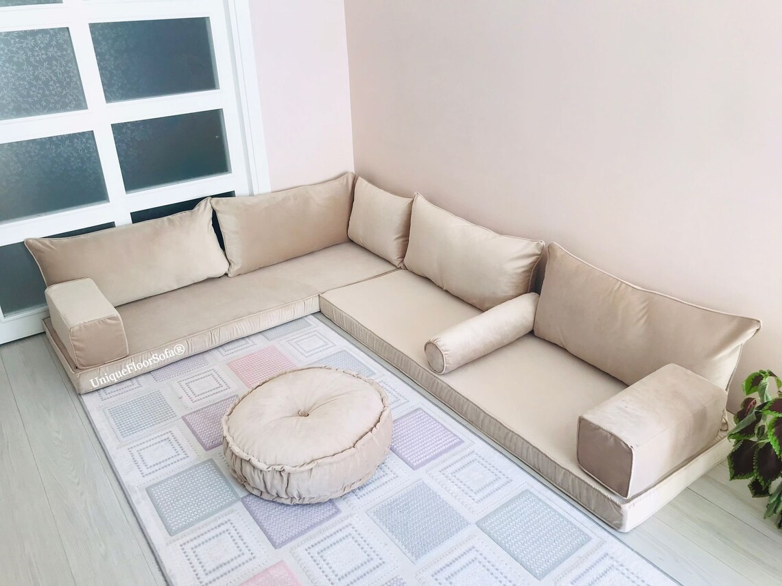 Custom L Shaped Beige Color Luxury Soft Velvet Floor Seating - Etsy