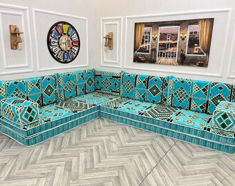 8 inch L Shaped Arabic Sofa Living Room Floor Seating Set Arabic Majlis Sectional Sofa Floor Cushions Ottoman Couch Rug Floor Pillows