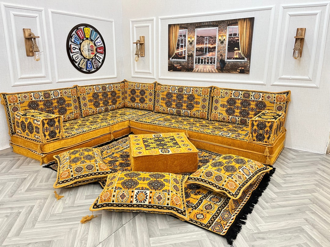 Sectional Arabic Majlis Sofa Set: Gold Floor Cushions, Ottoman & Rug ...