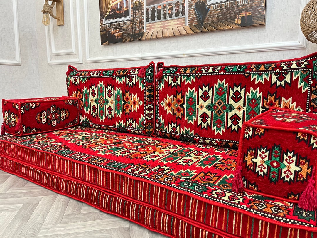8 Inch Thick Moroccan Floor Sofa Set: Ethnic Living Room Couch With ...