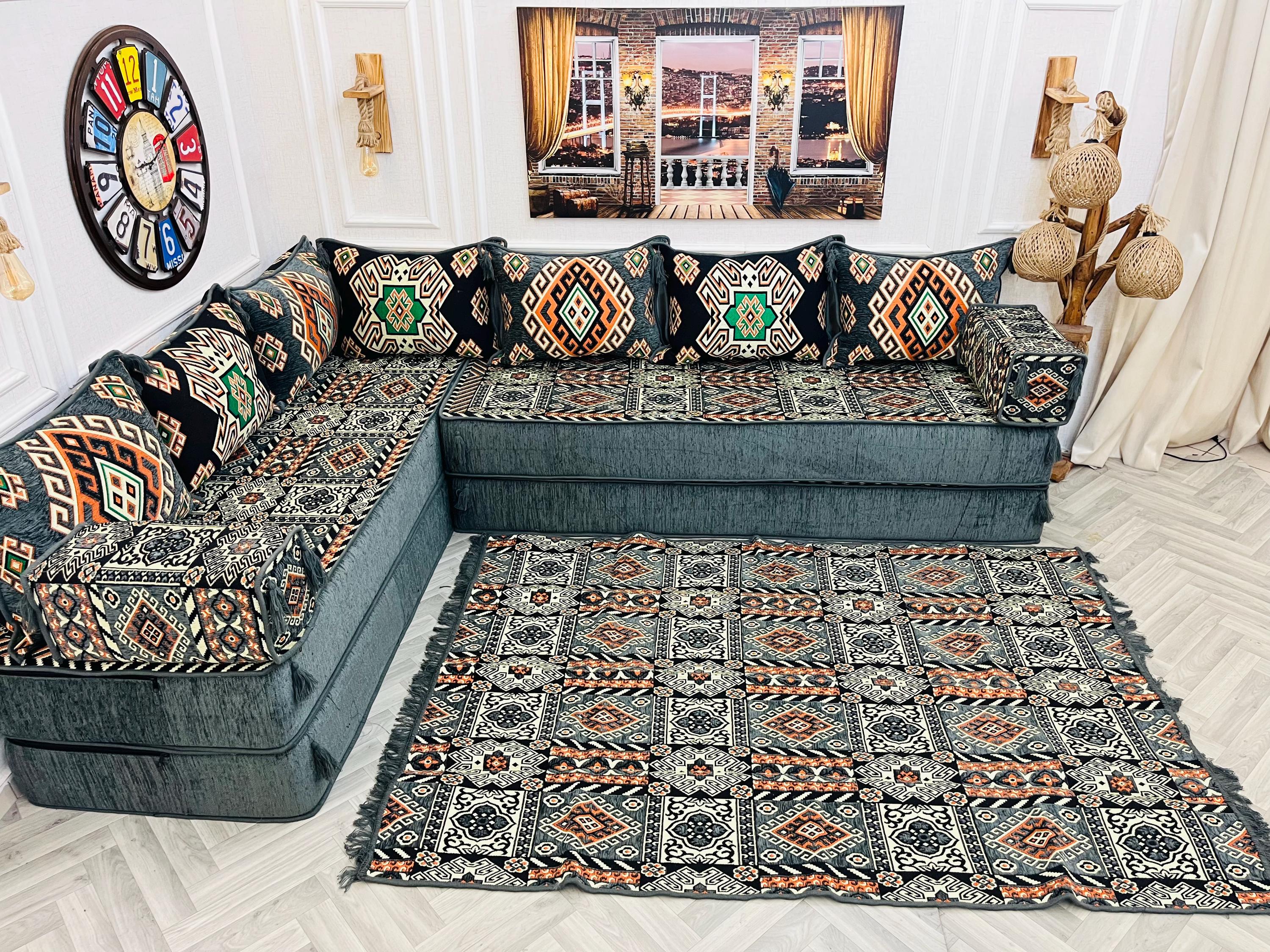 Arabic Majlis Floor Sofa Set: L-shape Modular Couch With Geometric ...