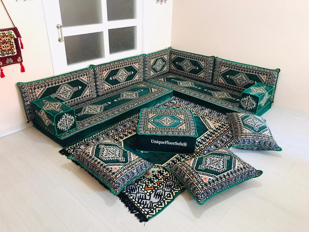Arabic Sofa Green, Ottomans, Rug, Moroccan Home Decor, Floor Seating ...