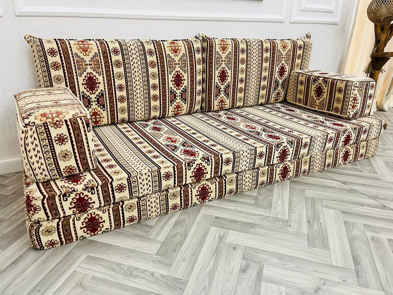Beige Boho Floor Sofa Set: Ethnic Pattern Arabic Seating With 8 Inch ...