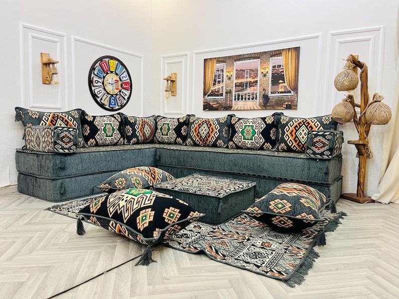 Arabic Majlis Floor Sofa Set: L-shape Modular Couch With Geometric ...