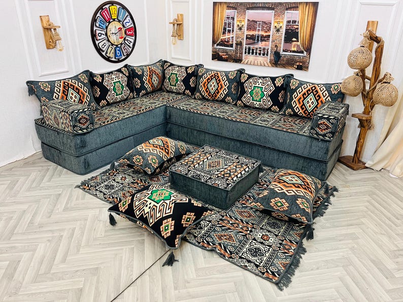 Arabic Majlis Floor Sofa Set: L-shape Modular Couch With Geometric ...