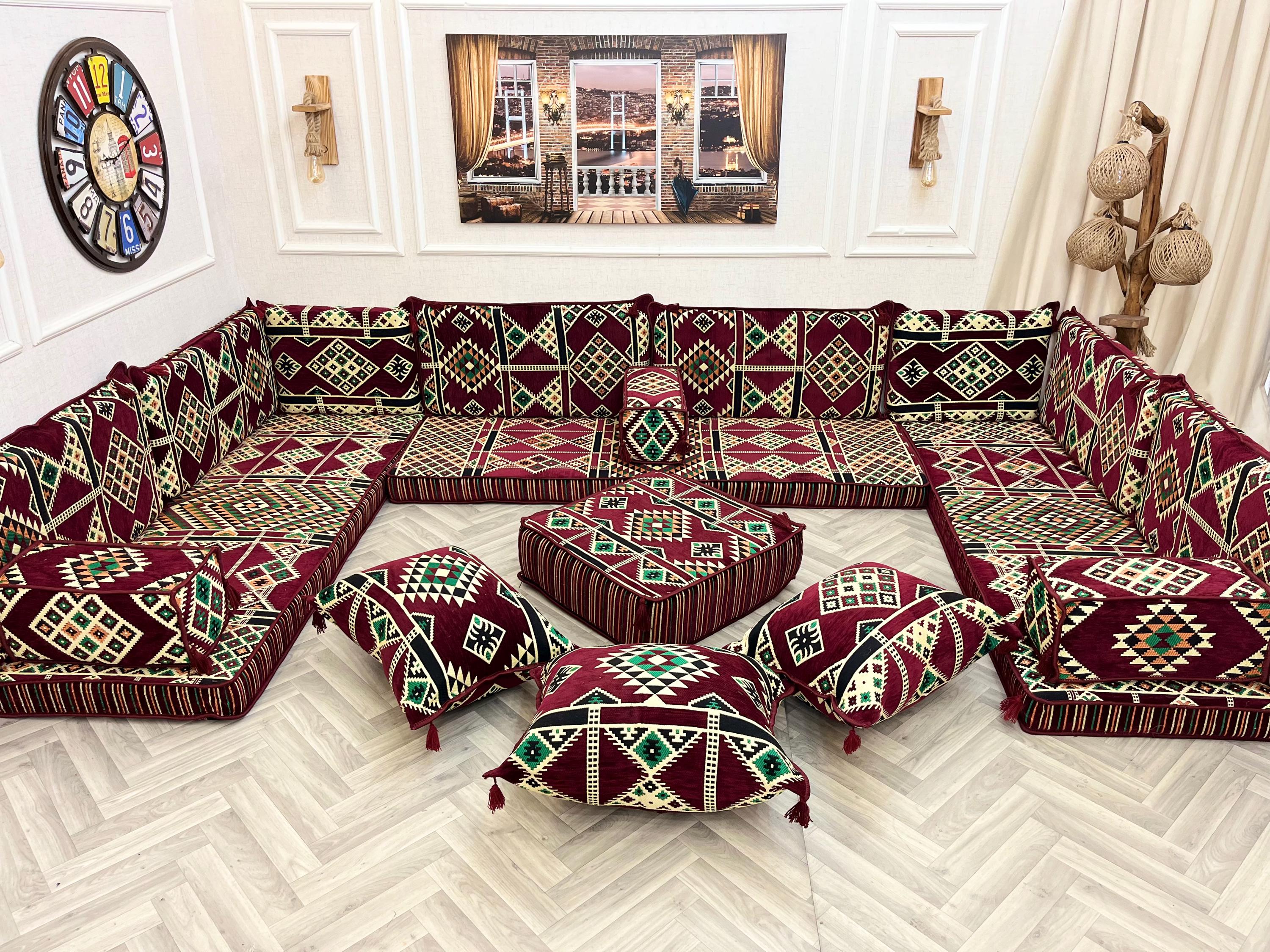 Maroon Arabic Majlis Floor Seating Set: Moroccan Sofa Cushions, Kilim ...