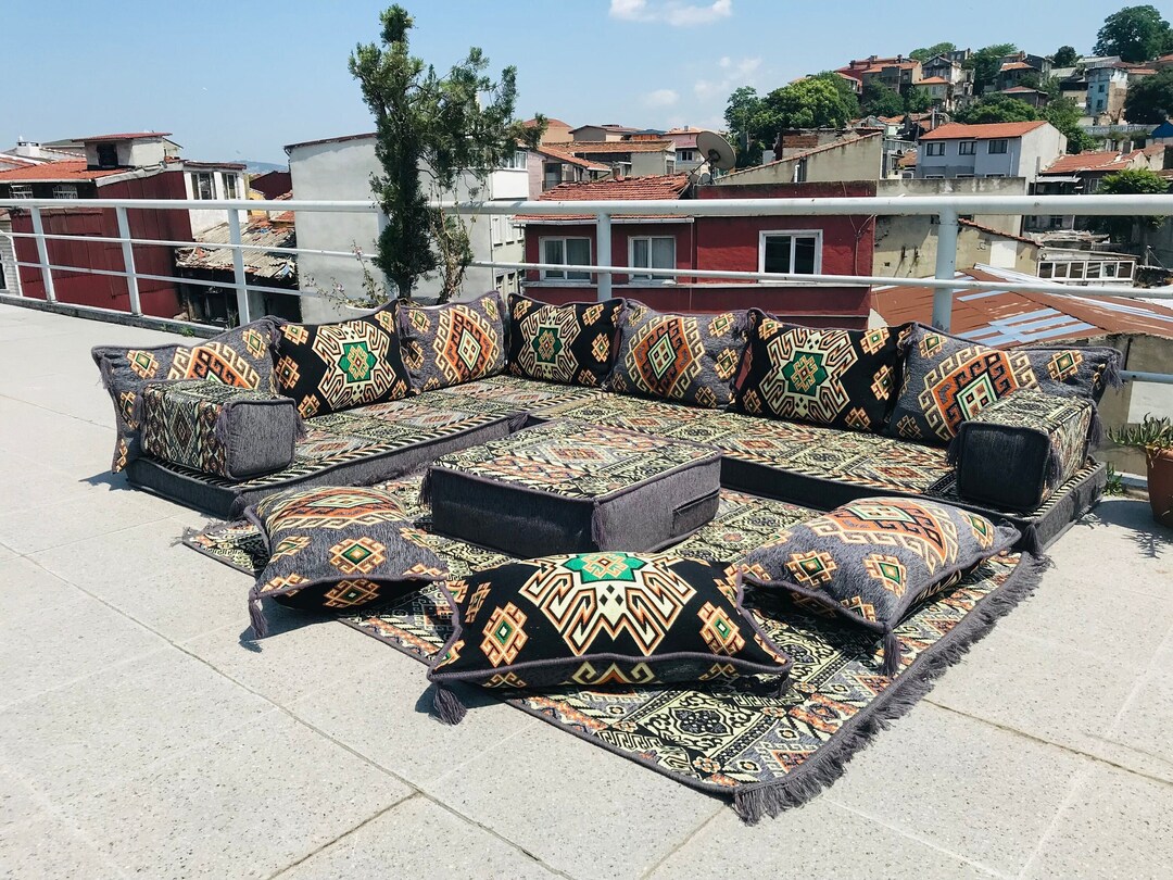 L Shaped Arabic Majlis Floor Seating Set: Boho Corner Sofa, Rug ...