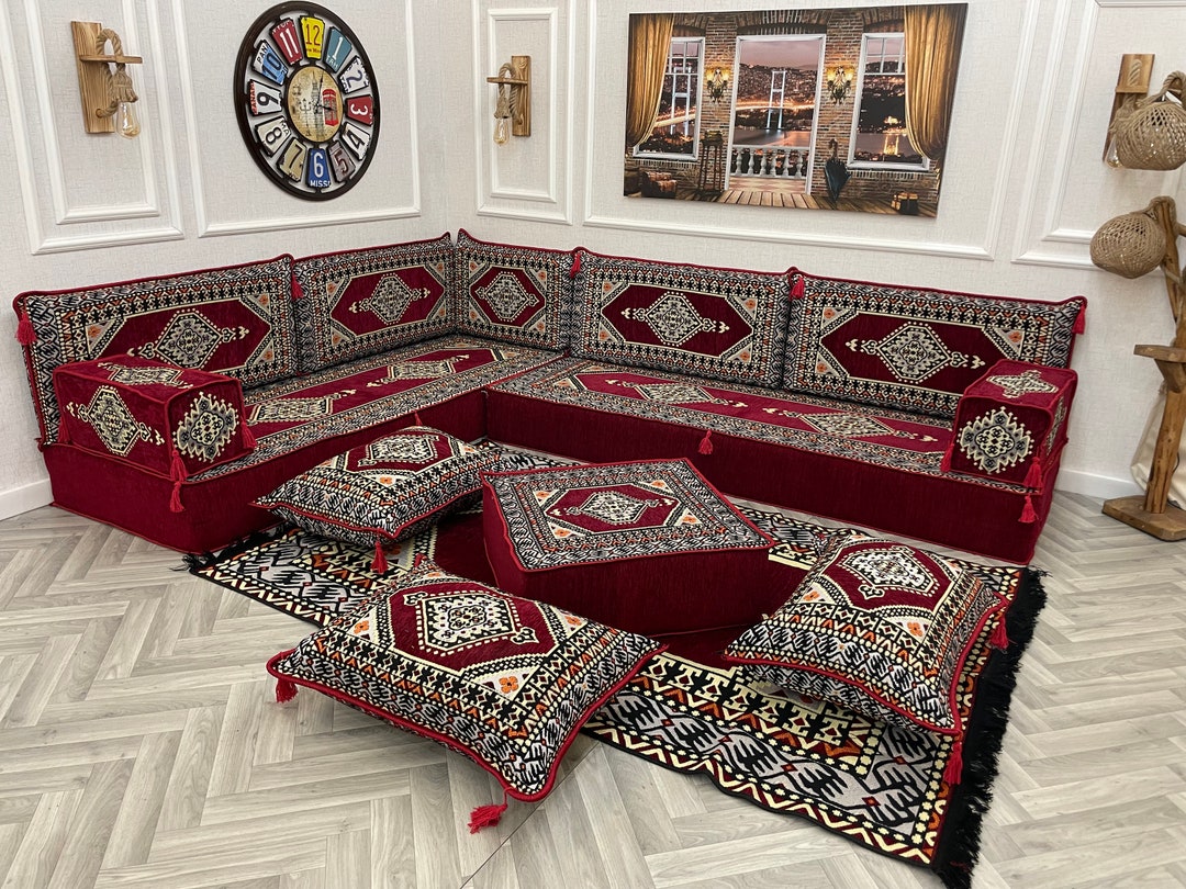 8 Inch Thick Maroon Arabic Majlis Modular Floor Sofa Set: Floor Seating ...