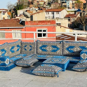 14-piece Blue Turkish Floor Seating Sofa Set: Ottoman Style Majlis ...