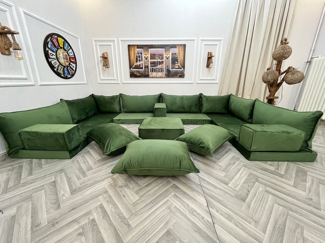 U Shaped Living Room Green Velvet Floor Seating Sectional Sofa Couch Velvet Floor Sofa Couch Living Room Sofa Set Custom Made Sofas Etsy