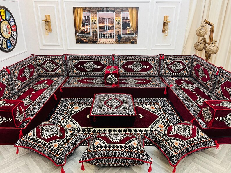 Maroon Color Moroccan Floor Sofa Set: U Shaped Arabic Couch With Floor ...