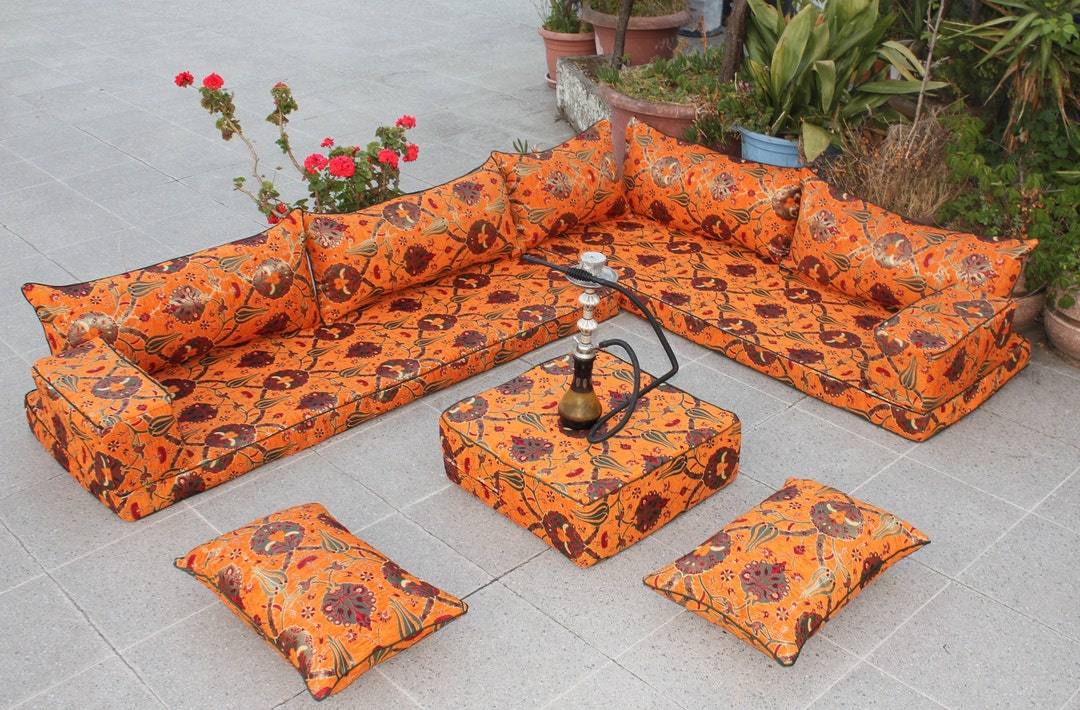 Soft Chenille Fabric L Shaped Orange Color Floral Floor Seating Sofa ...