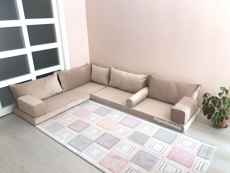 Custom L Shaped Beige Color Luxury Soft Velvet Floor Seating - Etsy