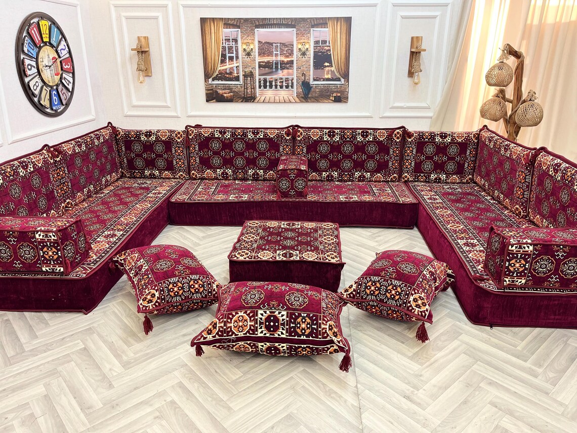 Traditional Arabic Majlis Floor Seating Set: U Shaped Sofa, Cushions ...