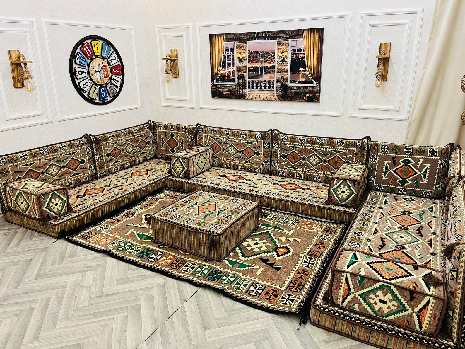 Beige U Shaped Arabic Majlis Floor Seating Set: Boho Living Room Sofa ...