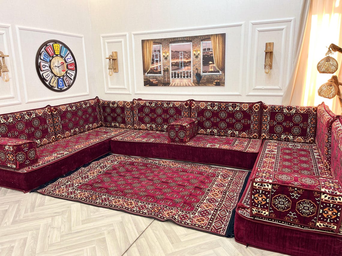 Traditional Arabic Majlis Floor Seating Set: U Shaped Sofa, Cushions ...