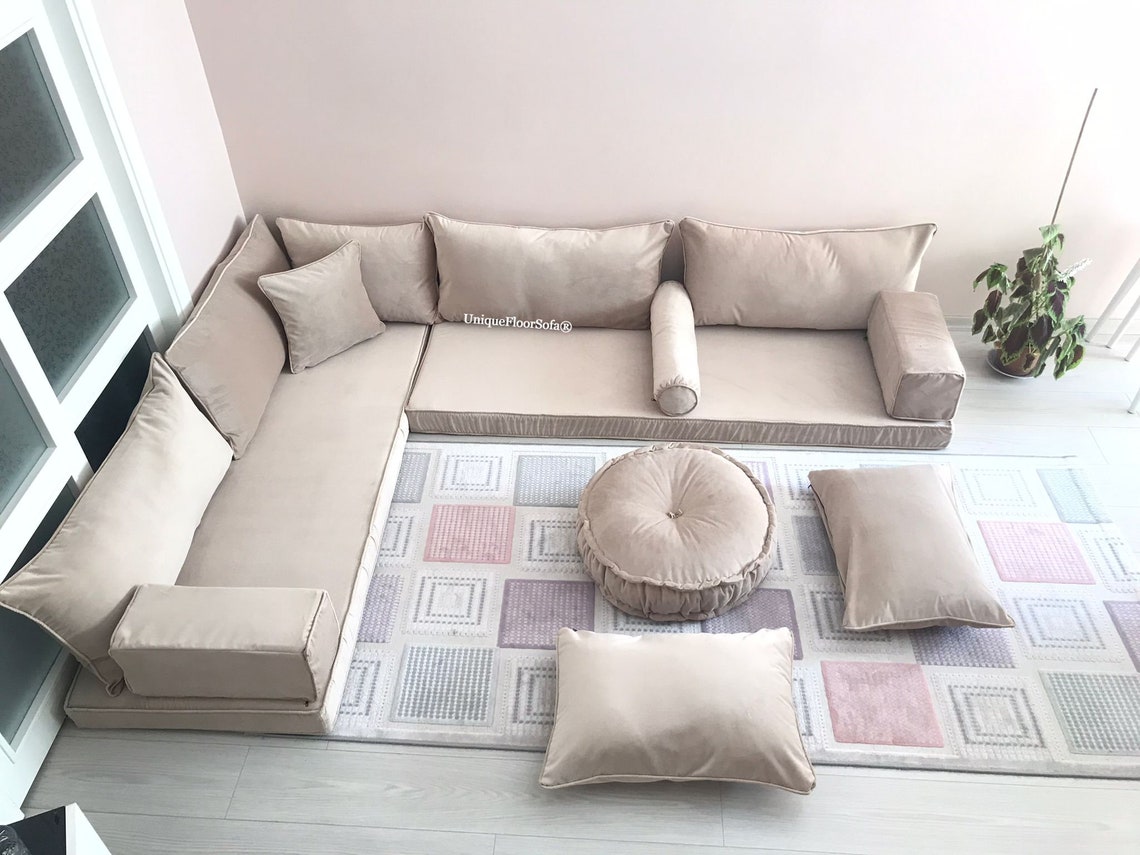 Custom L Shaped Beige Color Luxury Soft Velvet Floor Seating - Etsy