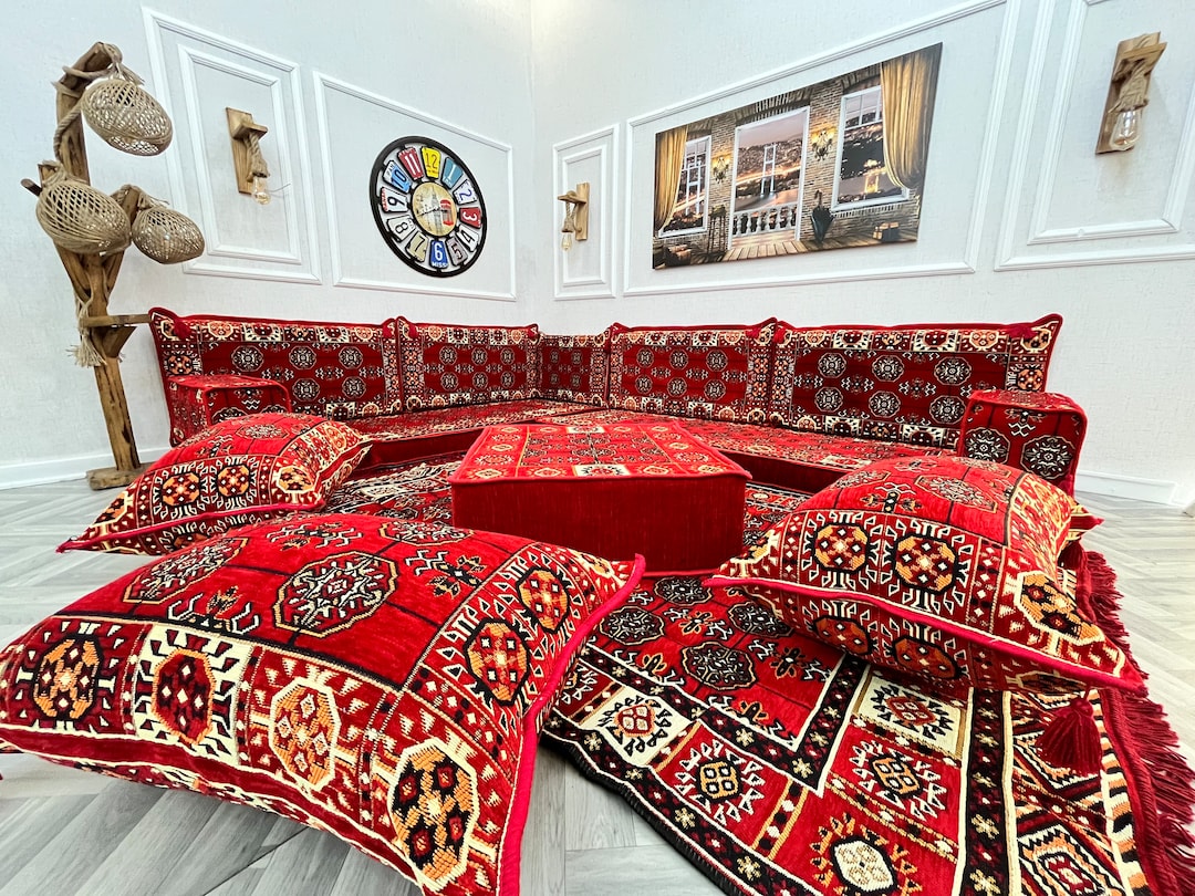 Red Ethnic Patterned L Shaped Living Room Sofa Floor Seating Couch ...