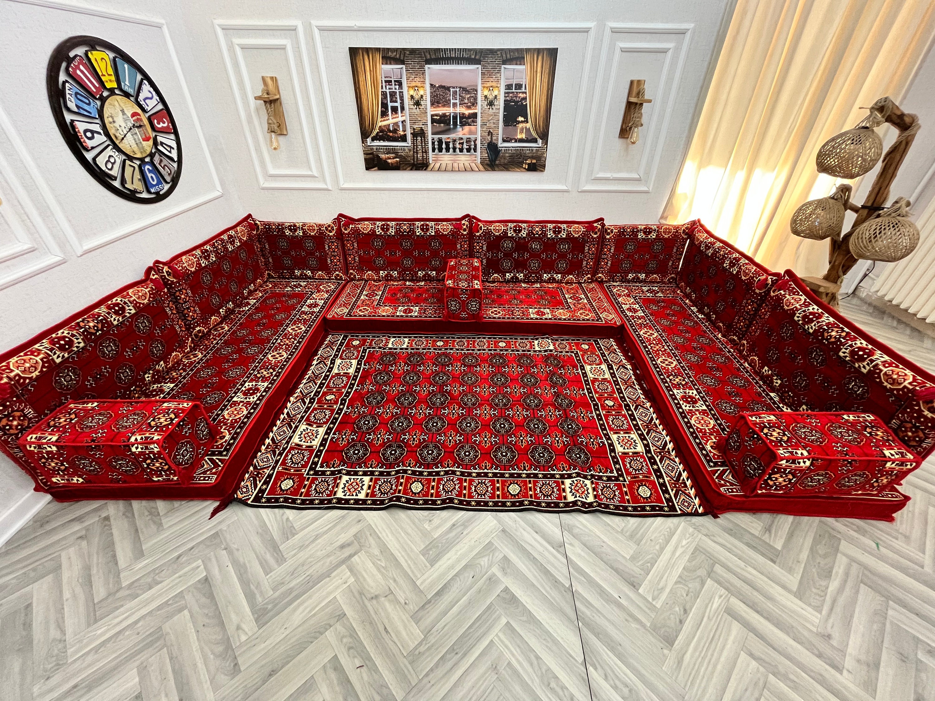 Red Anatolian U Shaped Arabic Majlis Sofa Set,boho Living Room Decor ...