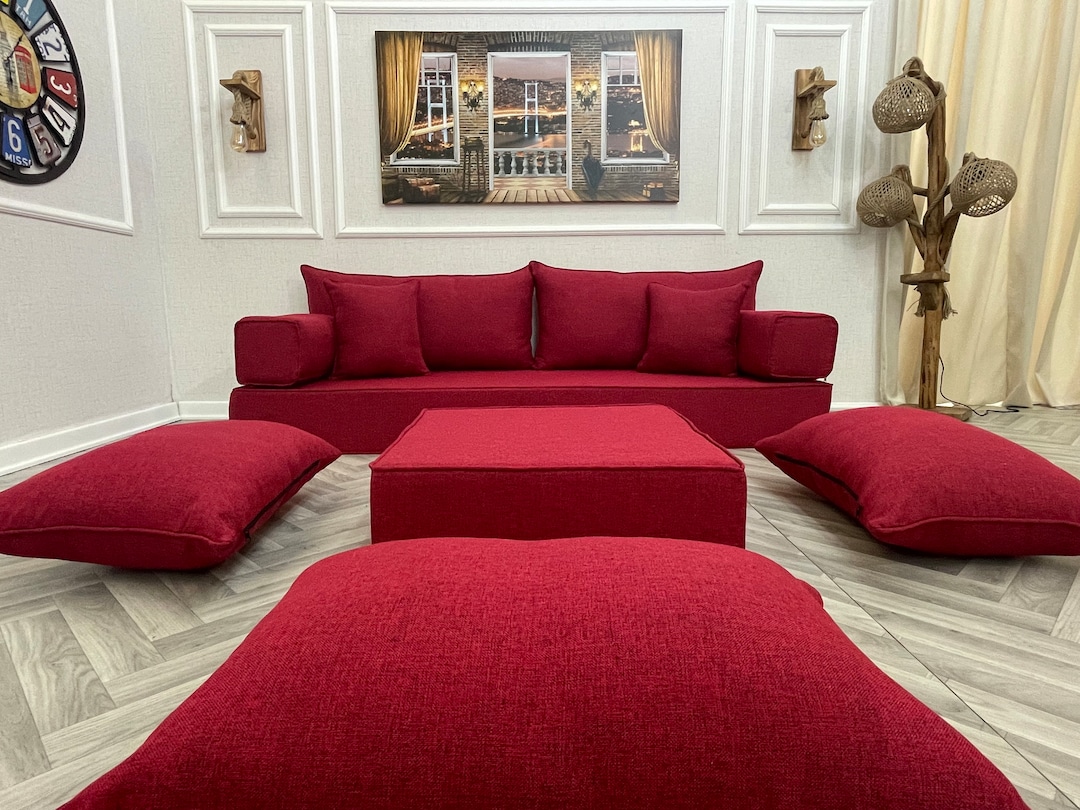 8'' THICK Elegant Maroon Sofa Linen Fabric Floor Seating Sofa ,yoga ...