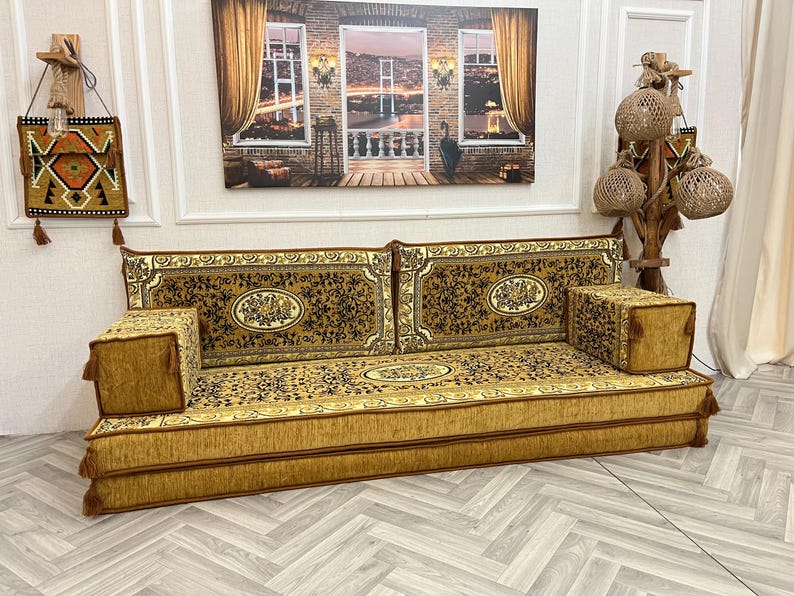 8 Inch Thick Gold Ottoman Pattern Floor Sofa: Moroccan Seating Set ...