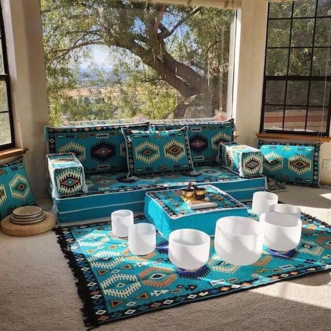 Turquoise Floor Sofa Bed, , Sectional Floor Cushion Couch, Modular Boho ...