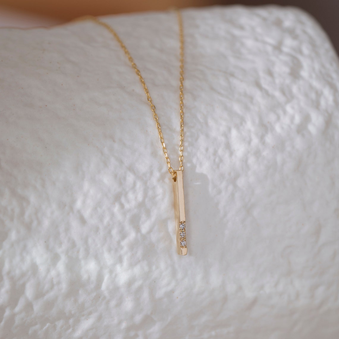 14k Solid Gold 3D Vertical Diamond Bar Necklace for Women by - Etsy