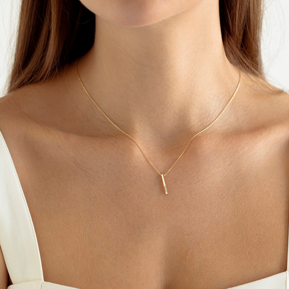14k Solid Gold 3D Vertical Diamond Bar Necklace for Women by - Etsy