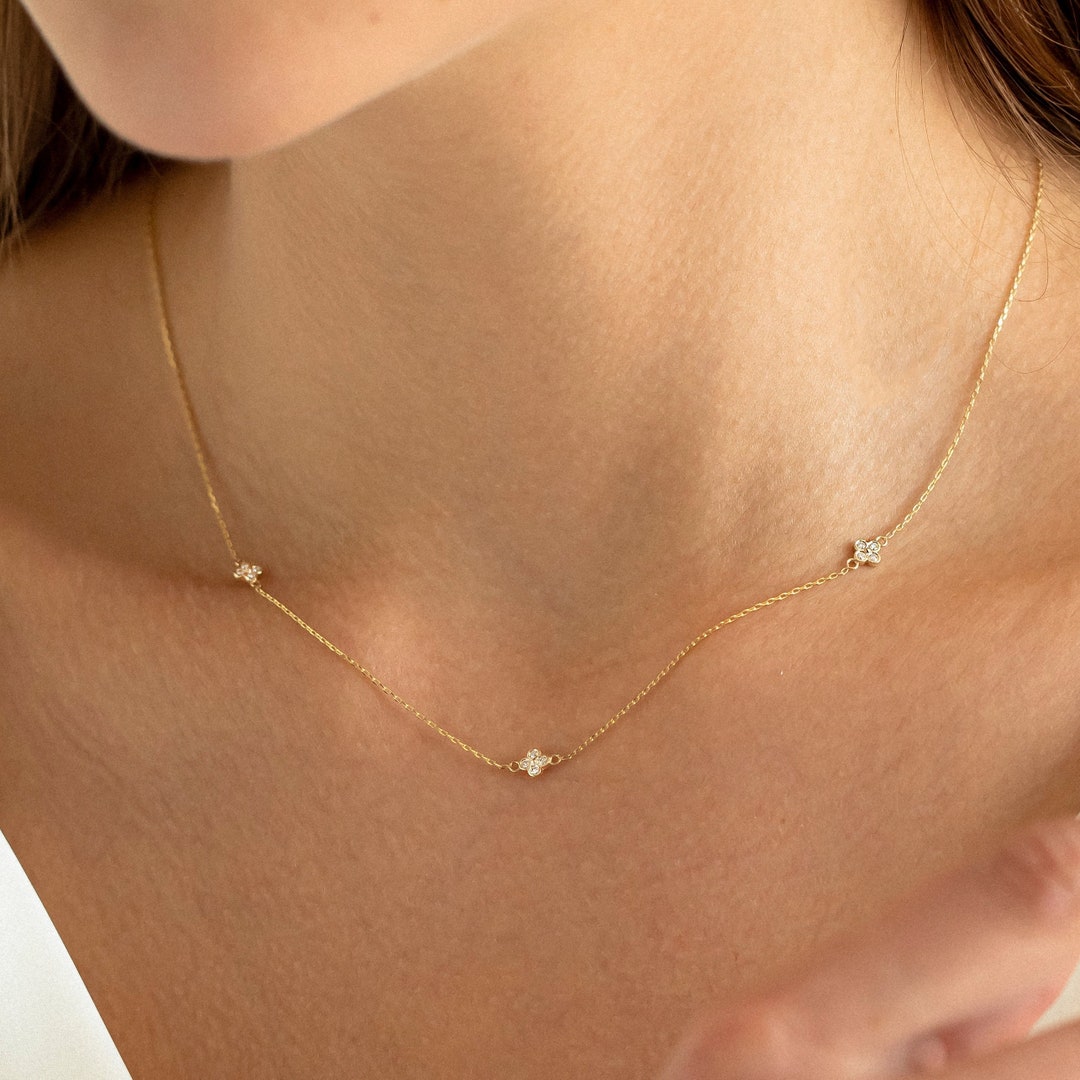 14k Gold Diamond Flower Station Necklace: Bezel Set, 0.12 Ct - Etsy